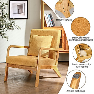 WACASA Accent Chair, Mid-Century Modern Side Chairs for Living Room, Bedroom, Balcony, Reading Room, Deeper Sitting Chair with Pillow, Comfortable Armchair with Solid Wood Frame & Soft Cushion,Yellow