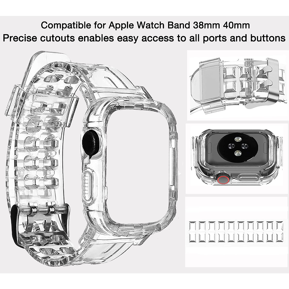 Compatible for Apple Watch Band 40mm 38mm with Protective Case, Men Women Crystal Clear Sporty Protective DropProof Shockproof Case with Premium Soft Fadeless TPU Adjustable Strap Bands for iWatch