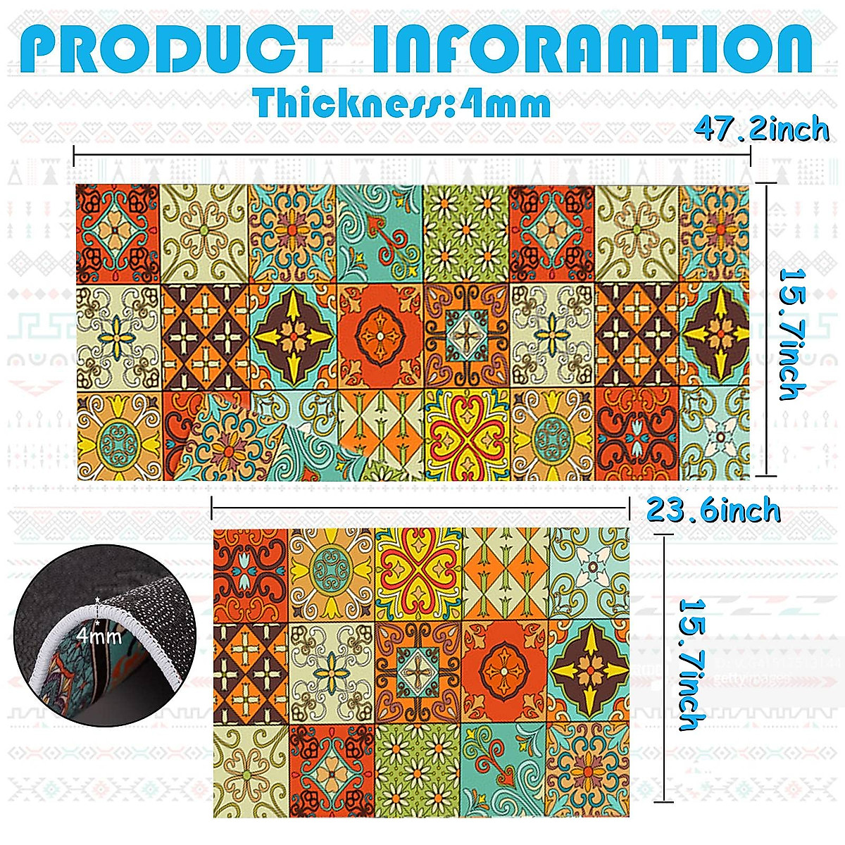 XIQIHEYUE Crystal Velvet Kitchen Rug Set, Anti-Fatigue Microfiber Comfort Runner, Non-Slip Waterproof Machine Washable Standing Mat, for Kitchen, Home, Laundry (2 Pieces)(15"×23"+15"×47", Bohemian B)