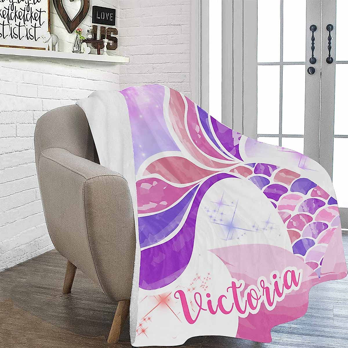 Custom Name Blanket for Baby Girls Personalized Mermaid Blanket Purple Throw Blanket for Kids Girls Adults 30"x40"Inch