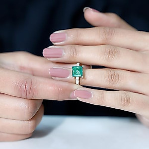 Certified Lab Grown Emerald 8mm Princess Cut Engagement Ring, AAAA Quality, Emerald Moissanite Ring - With Jewelry Box, 14K White Gold, Size:US 6.50