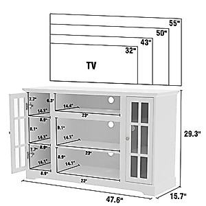 HolliWill 48" Glass Door TV Stand, White TV Stand for 55 inch TV, Farmhouse TV Stand with Storage Cabinet, Small Entertainment Center and Ideal Media Storage for Living Room