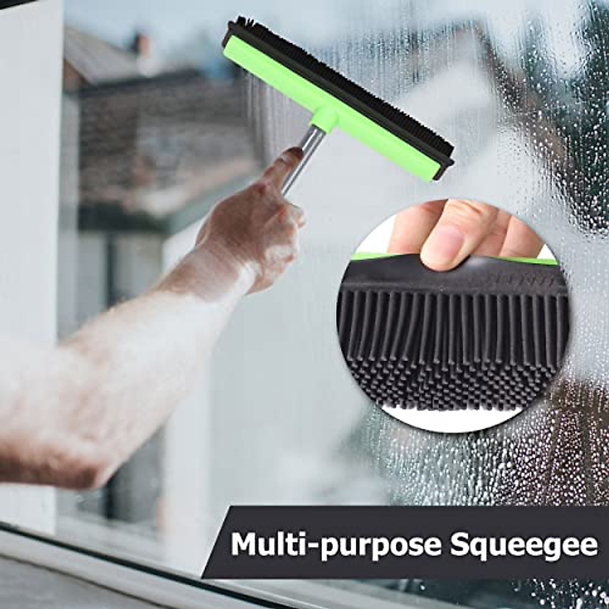 LCF Pet Hair Removal Broom with Squeegee & Telescoping Handle,Non Scratch Bristle Rubber Bruch Carpet Sweeper Outdoor Broom for Hardwood Floor Tile Windows Clean Cleaning (Green)