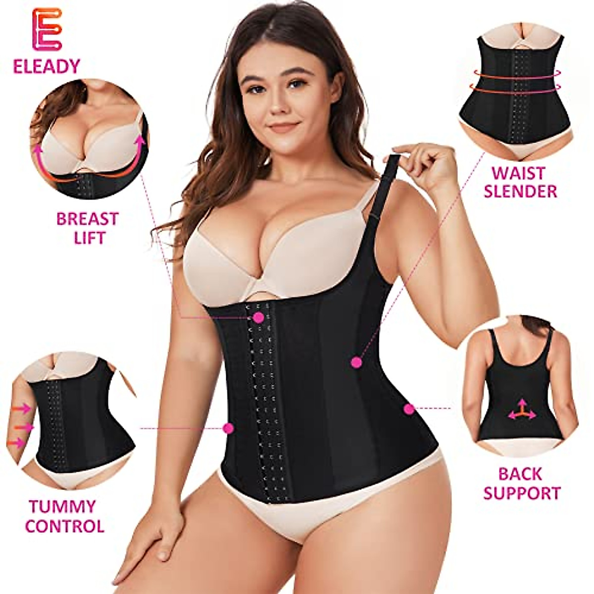 Eleady Womens Waist Trainer Corset Vest Weight Loss Breathable Tank Tops Tummy Control Shapewear Slimming Body Shaper (Black Bodysuit, Large)