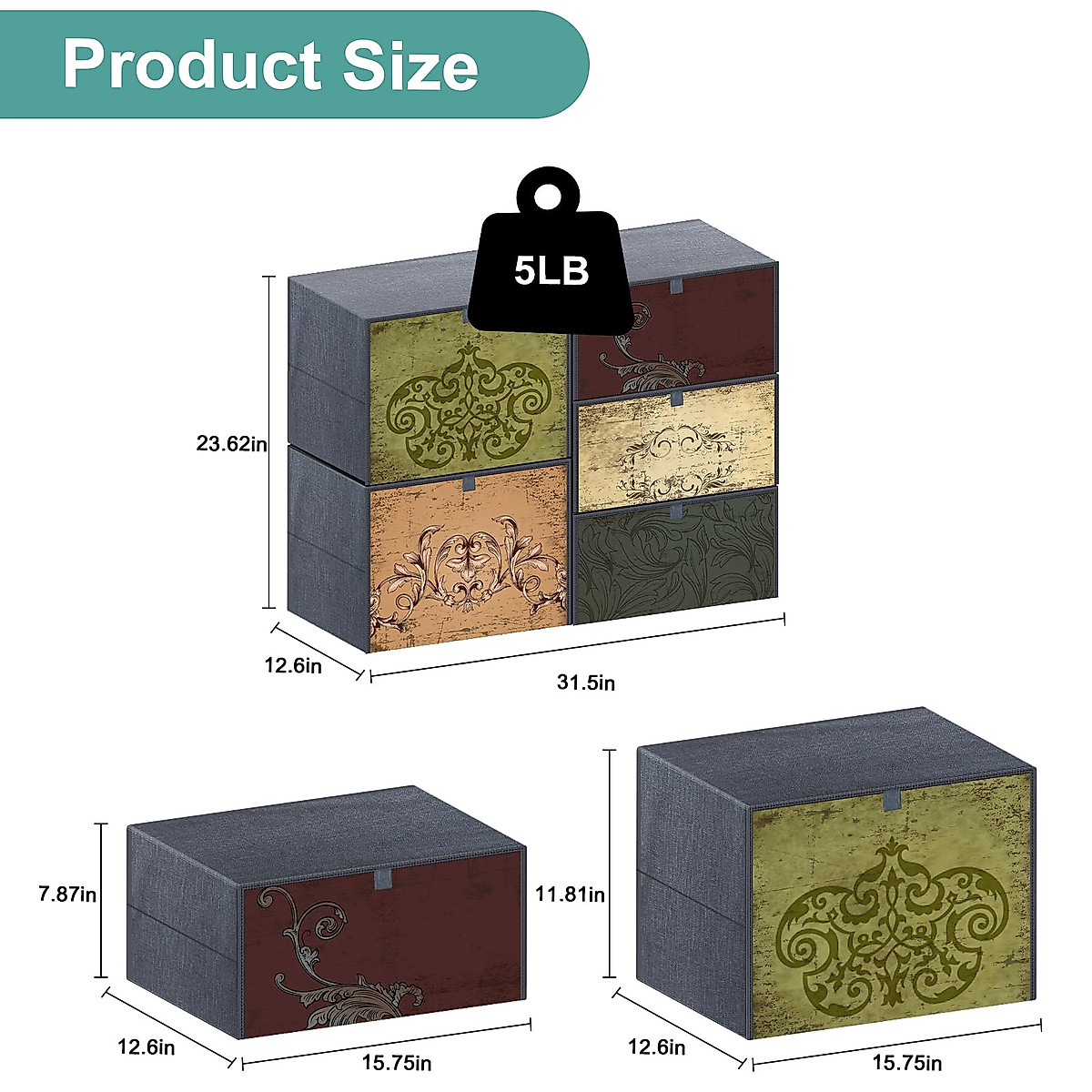 VASICAR 5 Pack Stackable Storage Boxes with Metal Frame & Pull-down Lid, Foldable Storage Cube Bins Shoe Containers Boxes for Bedroom, Pattern