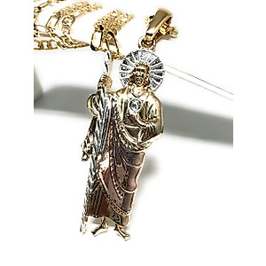 Big Saint Jude Pendant Necklace Figaro 26" San Judas Tadeo XL Tres Colores Medalla Con Oro Laminado