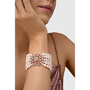 BABEYOND 1920s Flapper Imitation Pearl Bracelet Great Gatsby Elastic Pearl Bracelet Roaring 20s Accessories Jewelry 5 Rows (Style 2-Rose Gold)