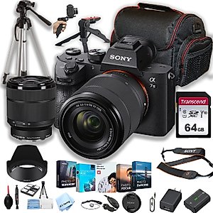 Sony a7 III Mirrorless Digital Camera with 28-70mm Lens + 64GB Memory + Case+ Steady Grip Pod + Tripod+ Software Pack + More (30pc Bundle) (Renewed)