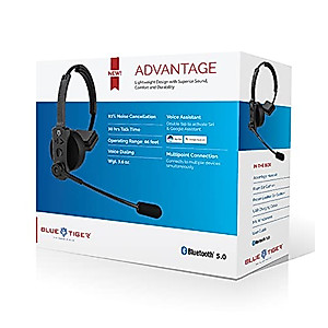 Blue Tiger Advantage Wireless Bluetooth Voice Assisted Headset – Professional Truckers Noise Cancellation Head Set with Microphone – Clear Sound, Long Battery Life, No Wires - 30 Hour Talk Time, Black