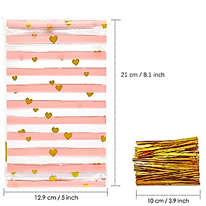 JOERSH 100 Pack 8.1" x 5" Bottom Gusset Clear Cellophane Treat Bags with Ties for Cookies Candy Popcorn Birthday Party Favor Bags Gift Giving, Pink Stripes and Hearts Pattern