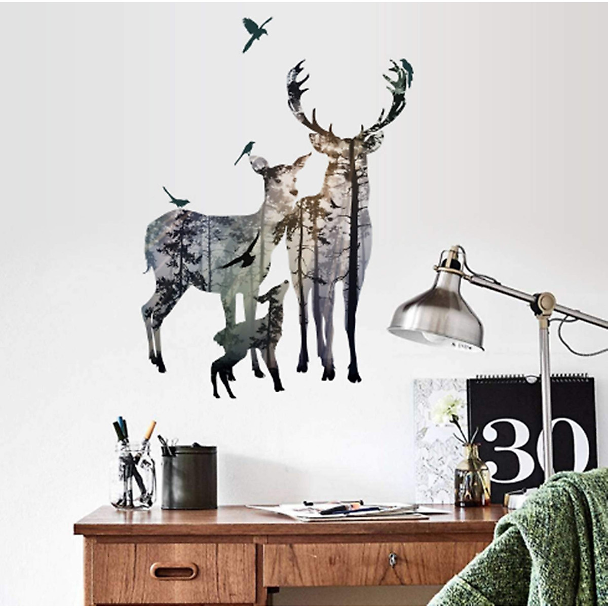 CHengQiSM Colorful Forest Deer and Bird Wall Decals Elk Wall Stickers Sika Deer for Bedroom Living Room Baby Room Stickers