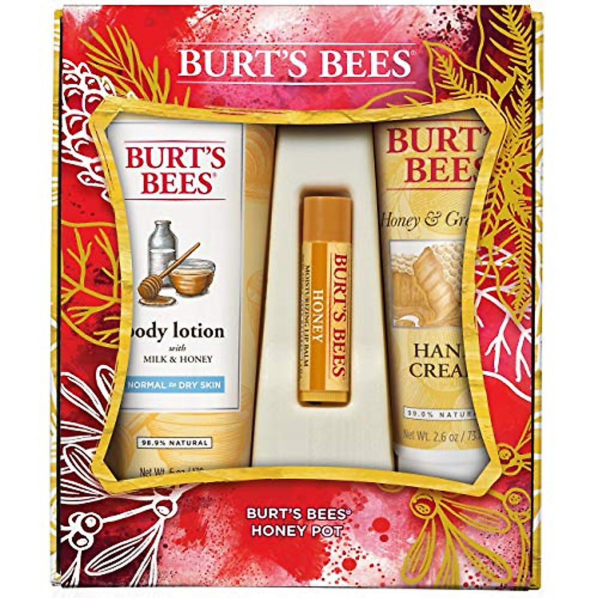 Burt's Bees Honey Pot Holiday Gift Set, 3 Honey Skin Care Products - Milk & Honey Body Lotion, Honey & Grapeseed Hand Cream and Honey Lip Balm