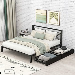 OTRIEK Queen Bed Frame with 2 Storage Drawers, Metal Platform Bed Frame with Headboard, No Box Spring Needed for Teens Adults Bedroom, Noise Free/Easy to Install (Queen)