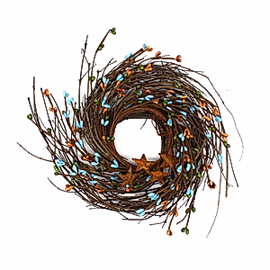 CVHOMEDECO. Primitives Rustic Pip Berries and Twig with Rusty Barn Stars Wreath, 7-Inch, Country Mix