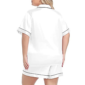 SWOMOG Women's Plus Size Pajama Set Silk Satin Pajamas Short Sleeve 2 piece Sleepwear Button Down Bride Loungewear Set White