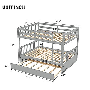 HOUAGI Full Over Full Bunk Bed with Trundle,Full Bunk Bed with Ladder and Safety Rails,Grey