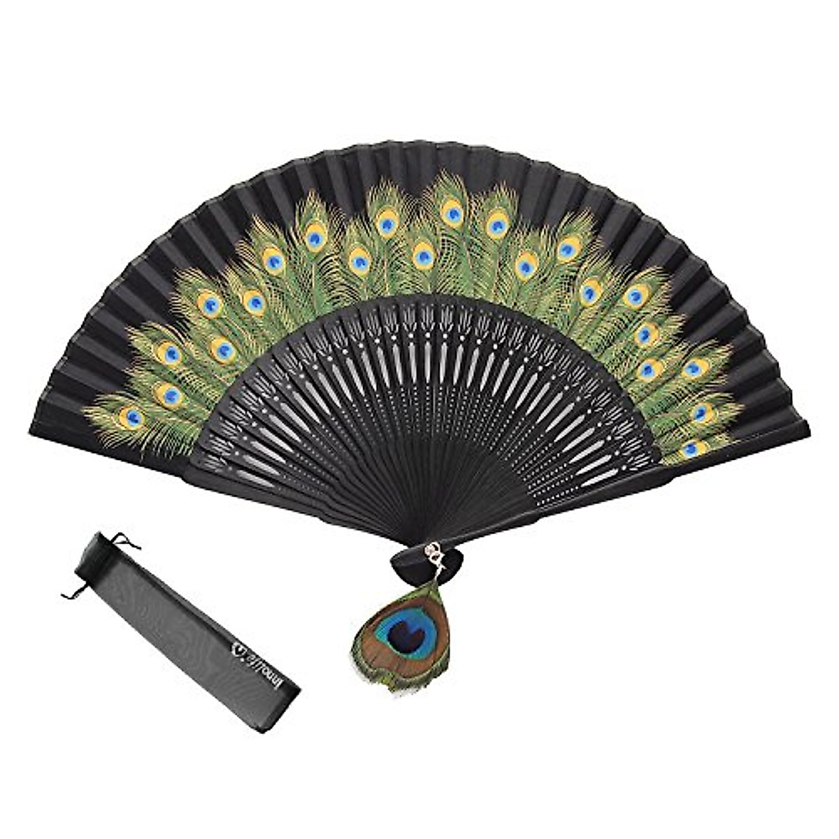 Innolife Peacock Chinese/Japanese Hand Folding Fan Bamboo Carved Frame Silk Craft Fan (Black)