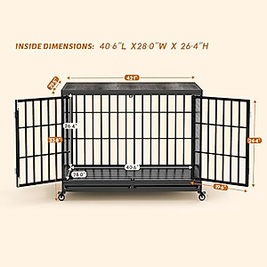 rehomerance 42" Heavy Duty Dog Crate for Large Medium Dogs, Furniture Style cage with 2 Removable Trays, 4 Lockable Wheels and 2 Locks, Decorative Pet House Wooden Cage Kennel Furniture Indoor