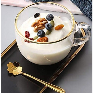 KKGUD Set of 2 Glass Teacups with Gold Rim, Oatmeal Cups, Yogurt Bowls with Spoons (Simple Design, 16oz)