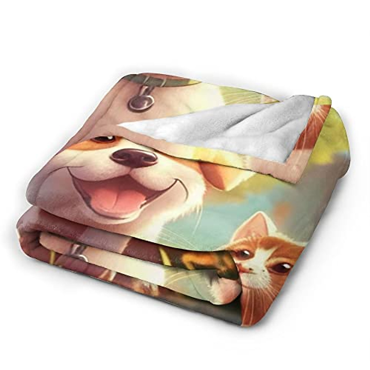 Happy Cat and Dog in The Morning Flannel Fleece Blanket - Cute Cartoon Pet Pattern, Soft and Comfortable, Suitable for Sofa and Bed, Easy to Clean, 40"x50"