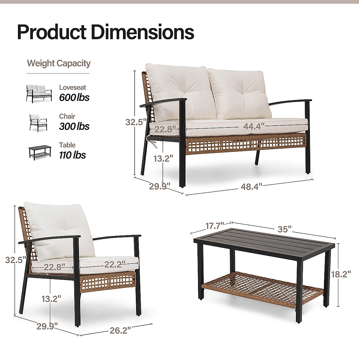 LAUSAINT HOME 4-Piece Patio Conversation Set, Comfortable Oversized Outdoor Furniture Set with Soft Cushion and Storage Metal Coffee Table for Backyard, Porch, Garden and Poolside, Beige