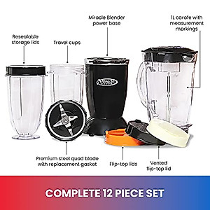 Koolatron Total Chef Miracle Blender 12-Piece Set with Heavy Duty Quad Blade, 1L Carafe, Travel Cups and Lids, Dishwasher-Safe Accessories, for Smoothies, Shakes, Sauces, Salsas, Baby Food