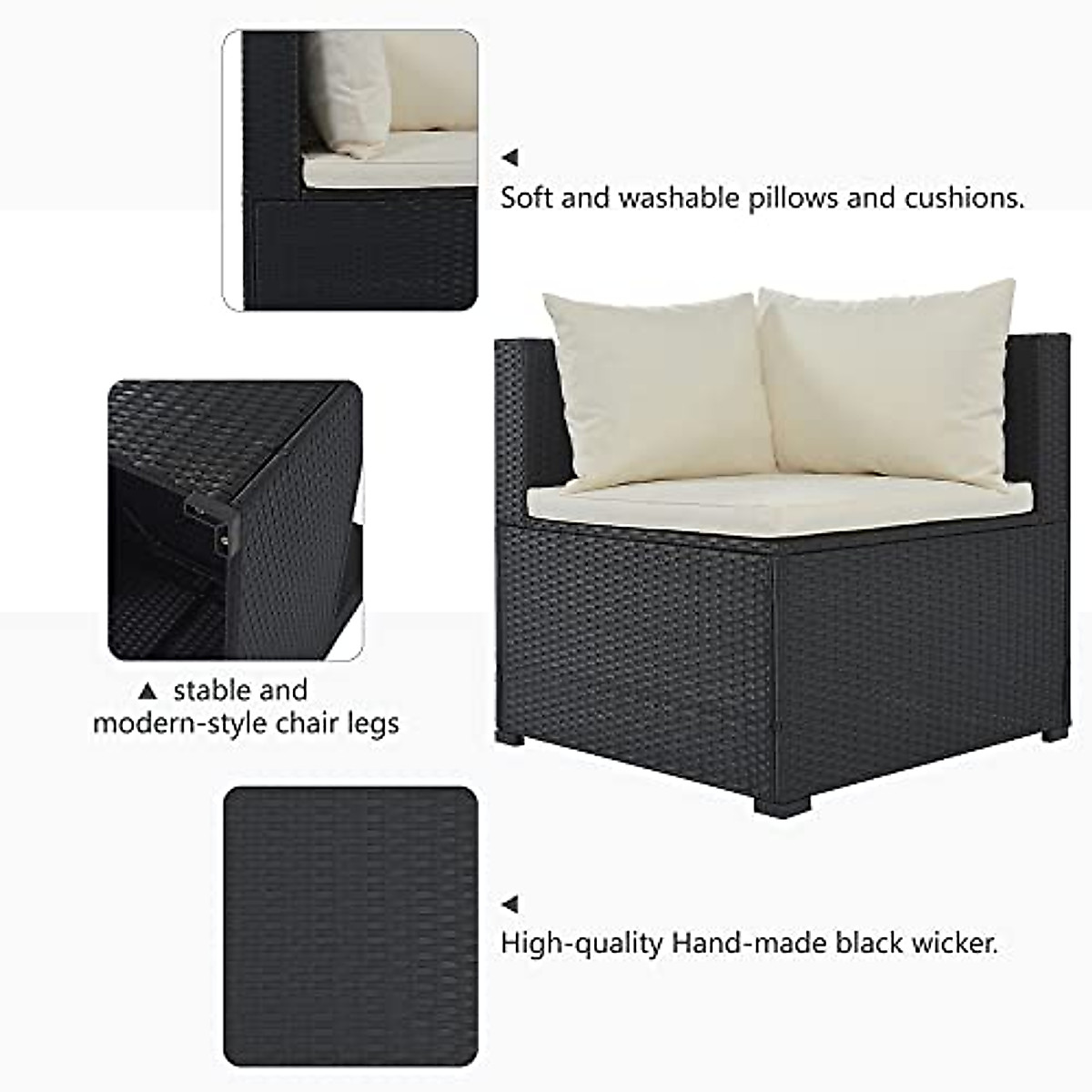 EPOFIT 9 Pieces Wicker Patio Furniture Sets, All-Weather Outdoor Sectional Couch, PE Rattan Patio Sofa Conversation Sets with Cushions and Glass Top Table, Black & Beige