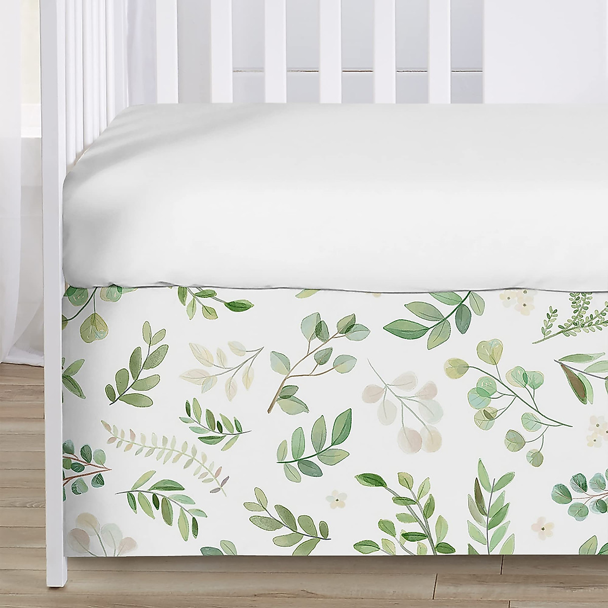 Sweet Jojo Designs Floral Leaf Baby Girl Nursery Crib Bedding Set - 4 Pieces - Green and White Boho Watercolor Botanical Woodland Tropical Garden