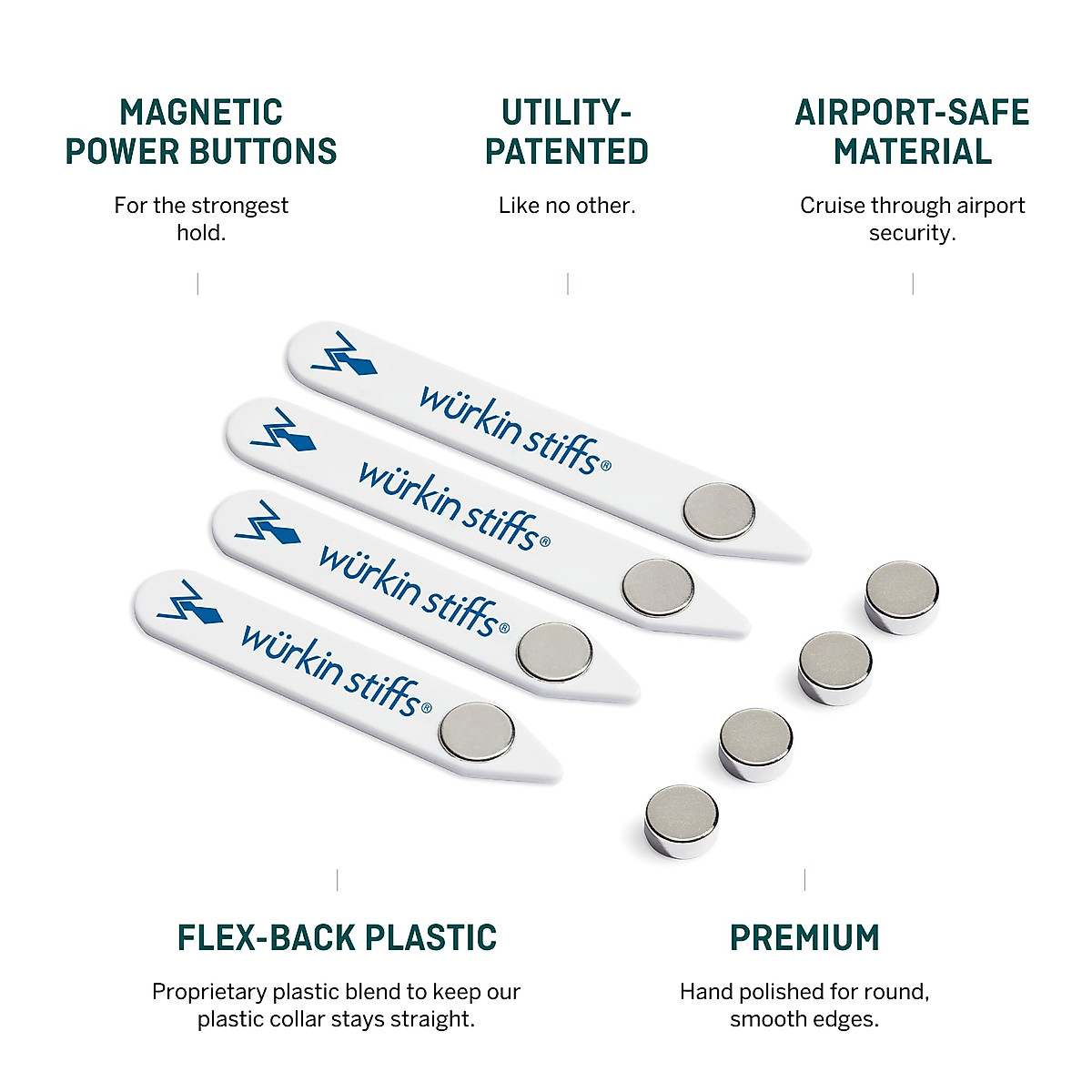 Würkin Stiffs Stiff-N-Stay Magnetic Collar Stays for Men – 2.0” and 2.5" Plastic Power Stays, 2 Pair Set with Case - Adjustable & Durable Shirt Collar Straighteners - As Seen on Shark Tank