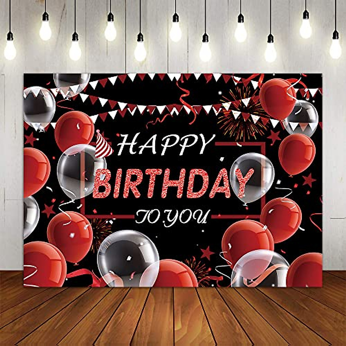 VOUORON Happy Birthday Photography Backdrop Red and Black Balloon Confetti Birthday Decor Photo Background for Kids Men Women Anniversary Birthday Party Banner Supplies 7x5FT