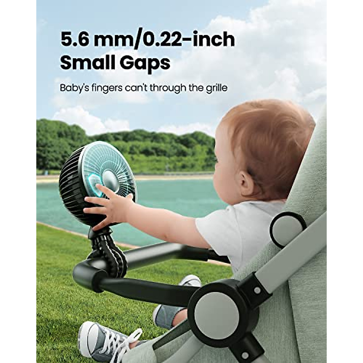 Gaiatop Baby Stroller Fan, 4000mAh Oscillating Mini Portable Fan with Lights, 4 Speeds Battery Operated 360° Rotate Flexible Tripod Small Clip On Fan Handheld Desk Fan for Car Seat Crib Travel Black