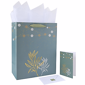 13” Large Green Gift Bag Set with Handles, Greeting Card, Tissue Papers and Stickers for Women Girls for Birthday, Wedding, Anniversary and Mother’s Day, Gold Foil Botanical Design, 1 Pcs