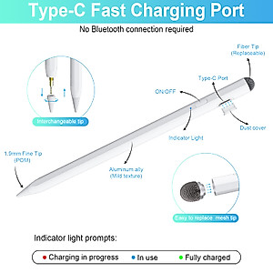 Stylus Pen with Palm Rejection Tilt Detection, Active Digital Pencil Compatible with Apple iPad 2018 and Later, iPad Pro 11&12.9 inch, iPad 6/7/8/9th, iPad Mini 5/6, iPad Air 3/4/5 Gen