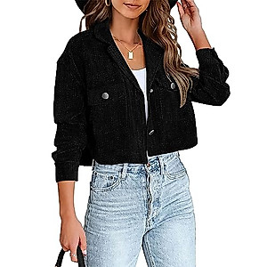 BTFBM Women's Corduroy Cropped Jacket 2023 Winter Fall Lapel Button Down Casual Short Shacket Jackets Coats with Pockets(Soldi Black, Large)