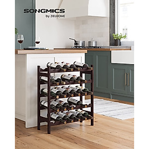 SONGMICS 30-Bottle Wine Rack, 5-Tier Freestanding Floor Bamboo Wine Holder, Display Stand Shelves, Wave Bars, Walnut Color UKWR025D01