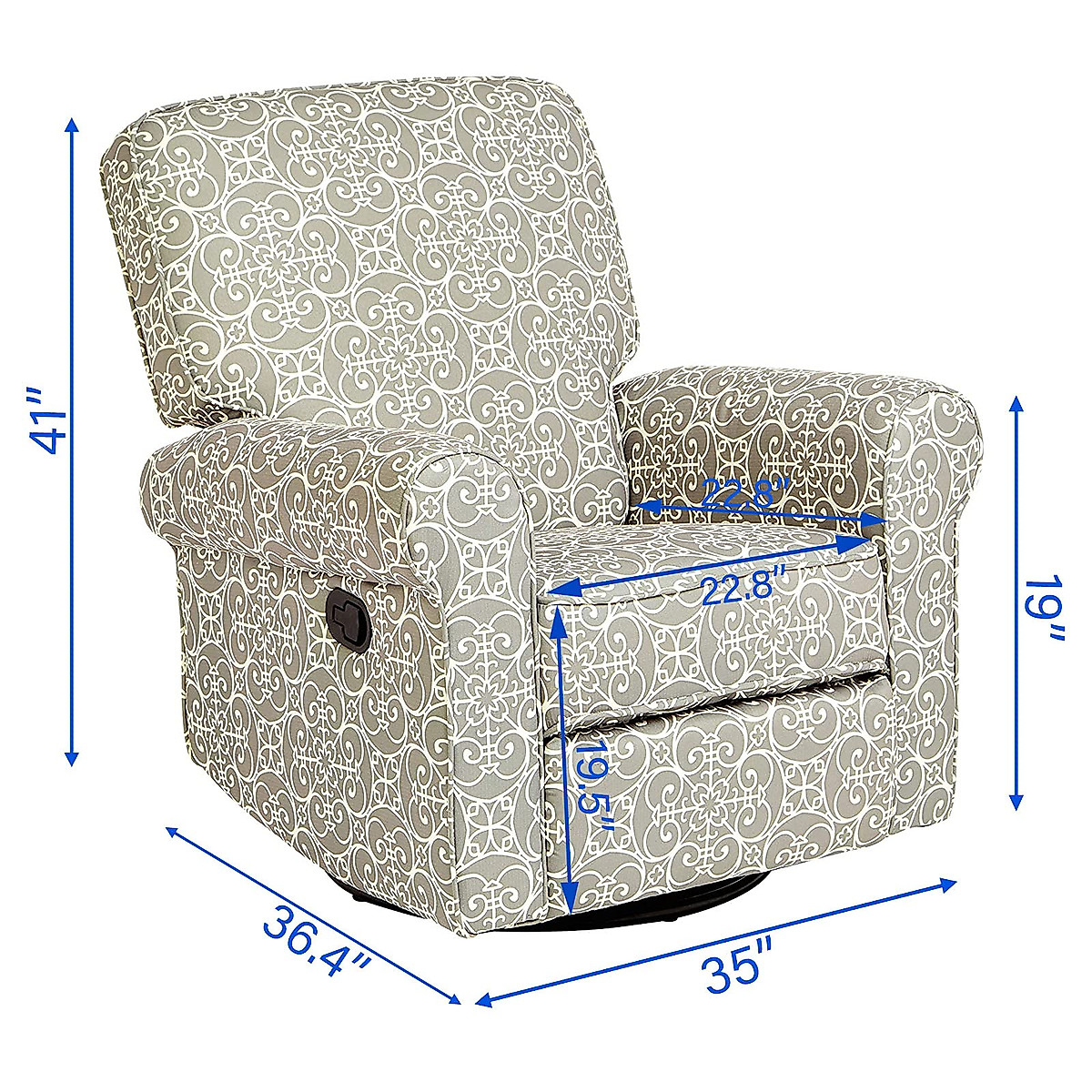 JC HOME Menet Swivel Glide Recliner with Fabric Upholstery in a Scrollwork Print, Doodles Ash
