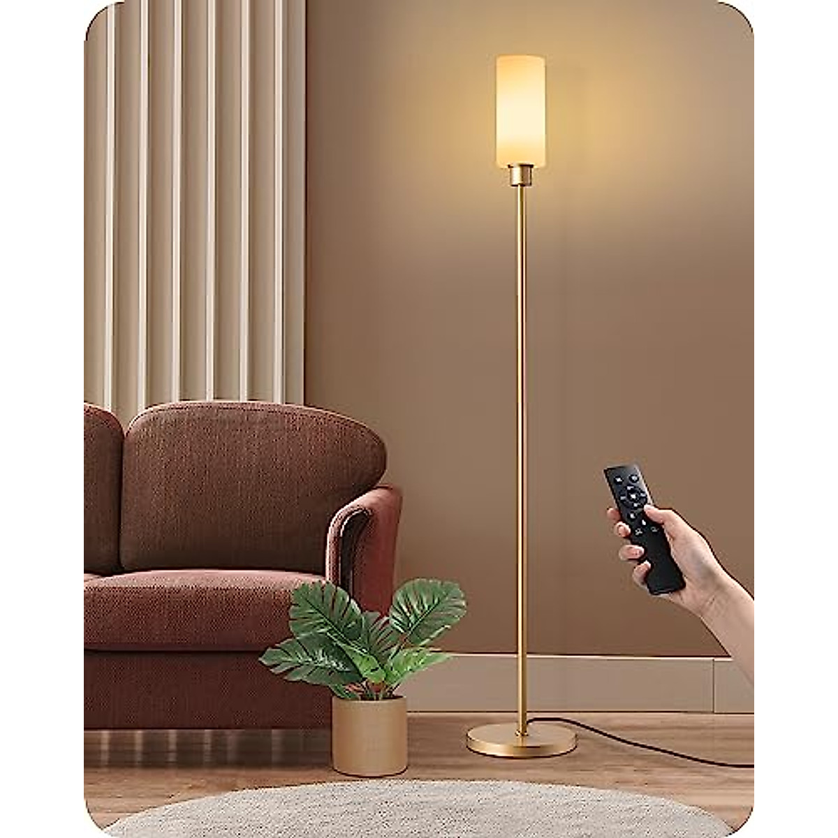 EDISHINE LED Corner Floor Lamp with Glass Lampshade, Modern Dimmable Lamp with Remote, 5 CCT, 65" Tall Standing Light for Living Room, Bedroom, Office, Bulb Included (Gold)