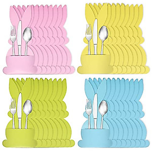36 Easter Utensil Cutlery Holders Bunny Rabbit Shape Silverware Paper Pouch Sleeve Pockets Spring Table Place Settings Tableware Party Supplies Decoration Pink Blue Yellow Green for Knife Forks Spoons