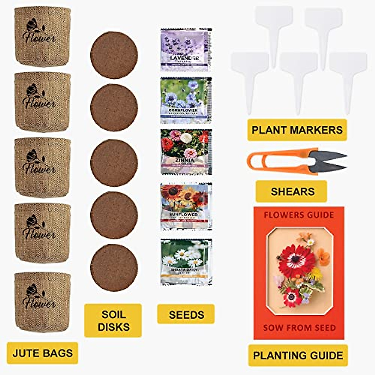 Indoor Daisy Garden Starter Kit, 5 Non-GMO Flower Seeds Planting Set with Gardening Tool Set - Jute Bags, Markers, Soil Disks and Shears, Home Gardening Gifts for Women Men Flower Plant Lovers
