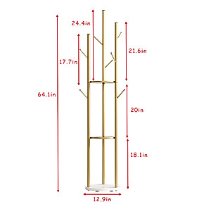 DOORXIFO Metal Gold Coat Racks Freestanding, Coat Hanger Stand, Hall Tree Coat Rack for Hanging Hats, Scarves, Bags, Modern Coat Rack with Double Shelves, Corner Coat Rack, 9 Hooks, Gold