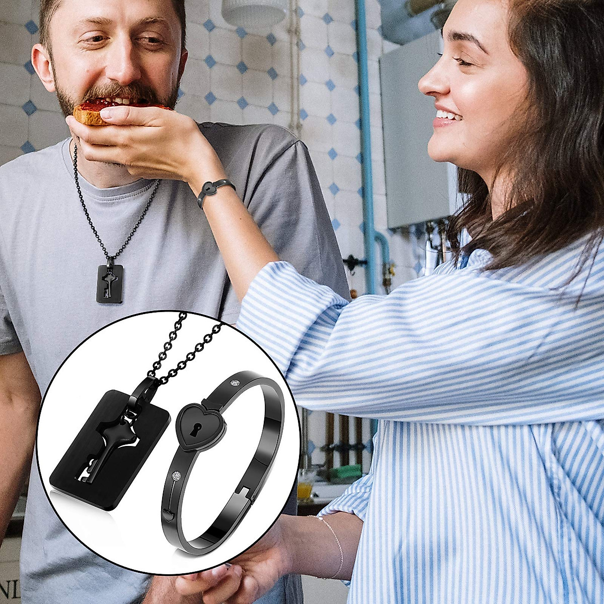 Hicarer 2 Sets Couple Heart Charm Lock Bracelet and Key Necklace Lock Matching Bangle Titanium Steel Couples Jewelry Set for Valentine's Day Wedding Anniversary (Classic Styles)