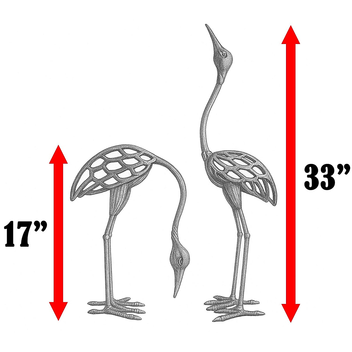 Seraphic Cast Iron Garden Decor Crane Bird Statues, Rustic Bronze, Set of 2