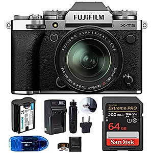 Fujifilm X-T5 Mirrorless Digital Camera with XF 18-55mm f/2.8-4 R LM OIS Lens Bundle, Includes: SanDisk 64GB Extreme PRO SDXC Memory Card, Spare Battery + More (6 Items) (Silver)