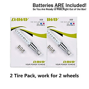 DAWAY A08 Bike Wheel Lights - Led Bicycle Tire Valve Stem Light, 2 Pack, Waterproof Neon Flashing Bycicle Lamp, Cool Safety Accessories for Boys, Kids, Adults, Motion Activated, White Graphics