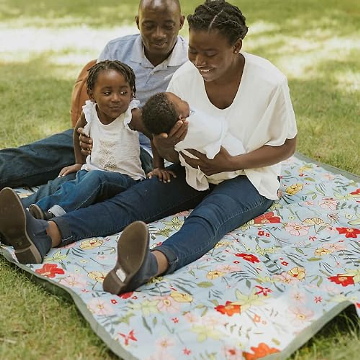 Little Unicorn 5'x5' Outdoor Family Picnic & Beach Blanket | Durable & Water-Resistant Fabric | Compact Fold & Easily Wipes Clean | Zipper Pocket (Primrose Patch)