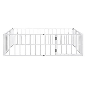 SIYSNKSI Full Size Floor Bed with Fence and Door, Metal Floor Bed Frame, Montessori Bed Platform Bed Frame for Kids Boys Girls, Easy Assembly (White + Metal-2)