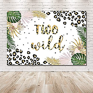 MEHOFOND Two Wild Backdrop for Girls Leopard Pink Jungle Safari Theme 2nd Birthday Party Decoration Background Tropical Leaves Leopard Print Cake Table Banner Supplies 7x5ft