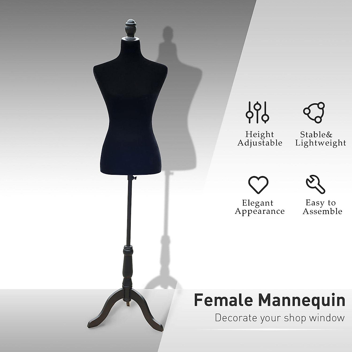 Mannequin Body, Female Dress Form Manikin Body Torso 60-67Inch Height Adjustable, Woman Body Torso Clothing Display Manikin with Tripod Stand for Sewing Dress Jewelry Market Shop Display (Black)
