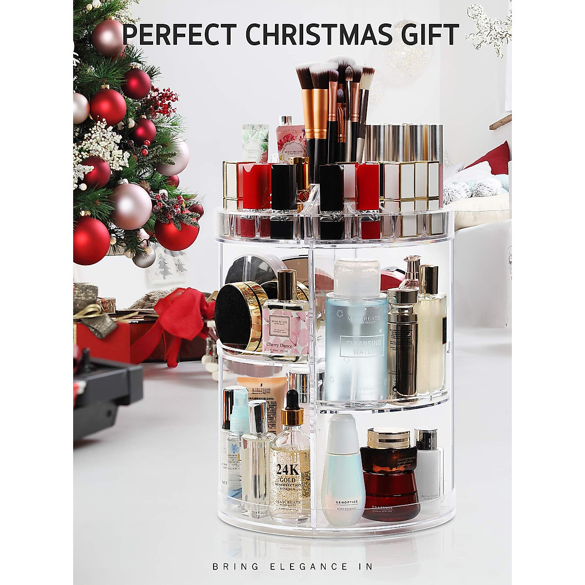 Syntus 360 Rotating Makeup Organizer, Thicker Acrylic Adjustable Bathroom Makeup Spinning Holder Rack, Transparent Larger Capacity Cosmetic Storage Box Fits Makeup Brushes, Lipsticks