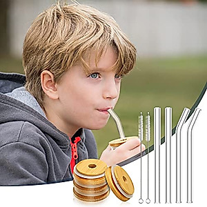 16oz Beer Glasses Lids with Straw Hole Drinking Glass Cups Anticorrosion Beer Can Cups Lids Bamboo Lids Include Reusable Glass Straight Curved Straw and Brush for Drinking Glasses (10 Pieces)